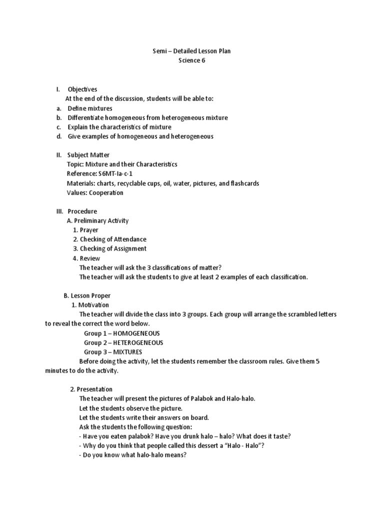 Lesson Plan on Mixtures for Grade 6 | PDF | Mixture | Lesson Plan