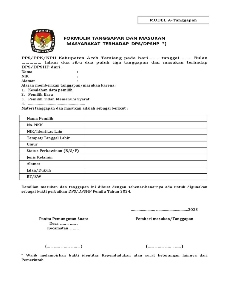 Formulir Tanggapan Dan Masukan DPS - DPSHP | PDF