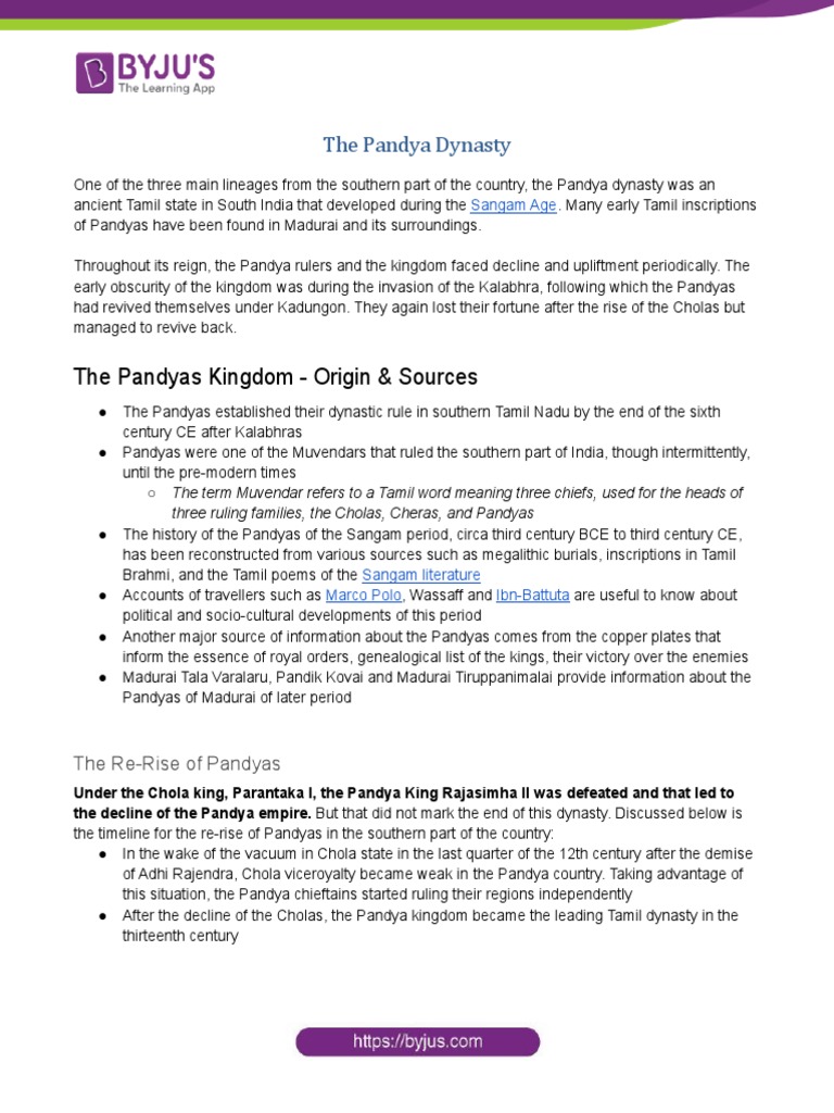 The Pandya Dynasty | PDF | Tamils | South India