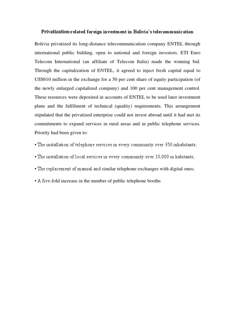 Privatization-Related Foreign Investment in Bolivia's Telecommunication ...
