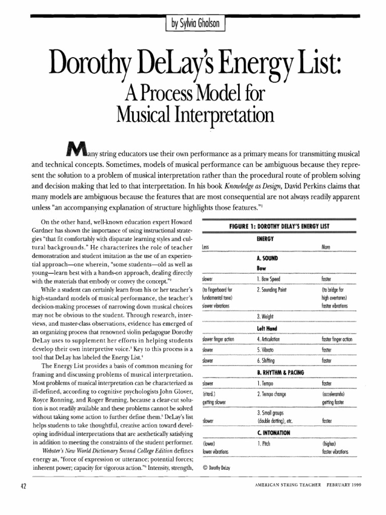 Dorothy Delay'S Energylist:: Aprocess Model For Musical Interpretation ...