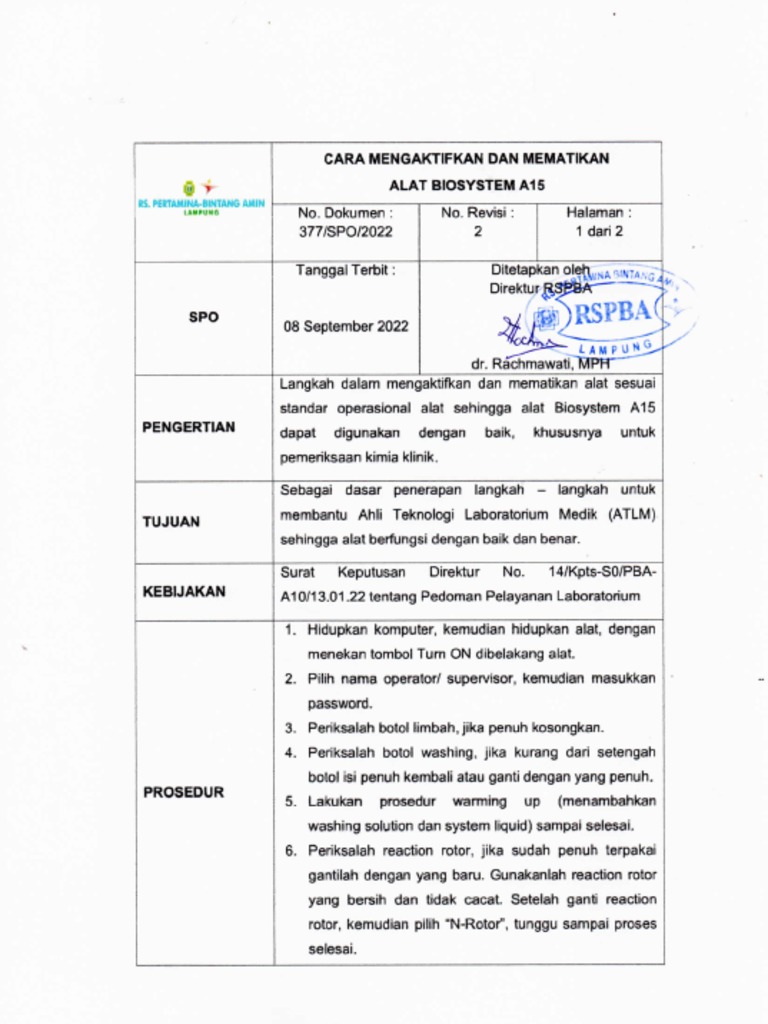 Cara Mengaktifkan Dan Mematikan Alat Biosystem A15 | PDF