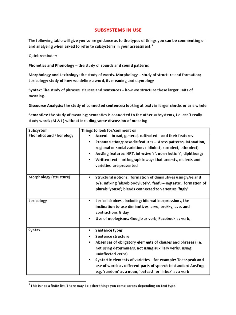 Subsystems in Use-Analytical Commentary | PDF | Word | Morphology ...