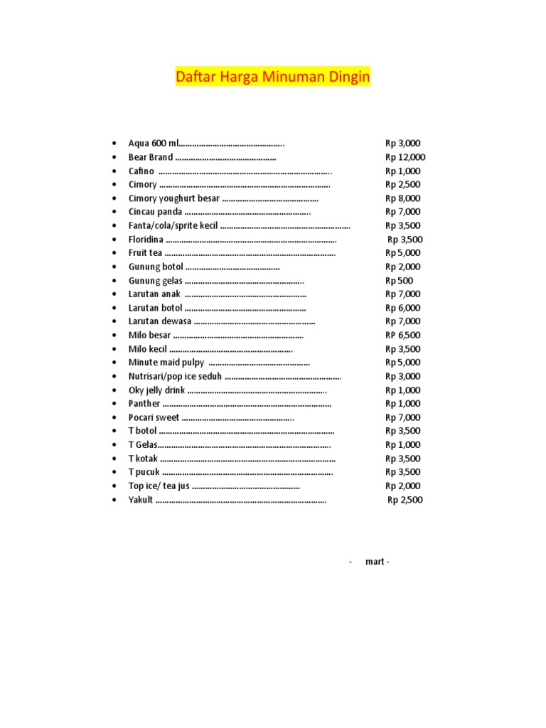 Daftar Harga Minuman Dingin | PDF