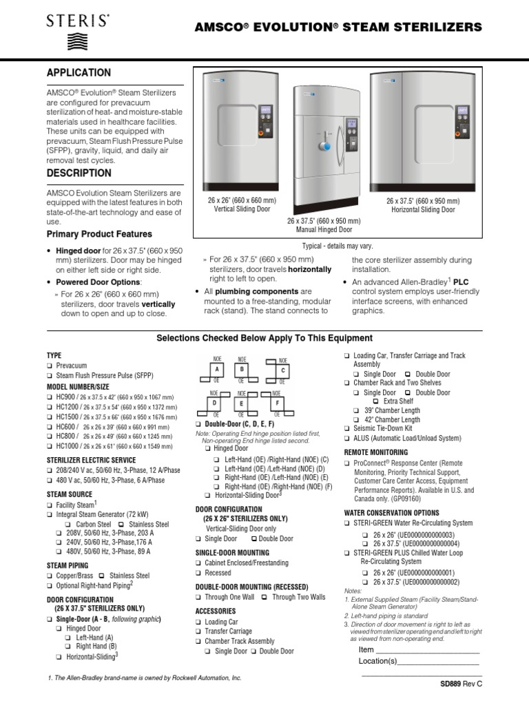Amsco Evolution - Data sheet | PDF | Door | Sterilization (Microbiology)