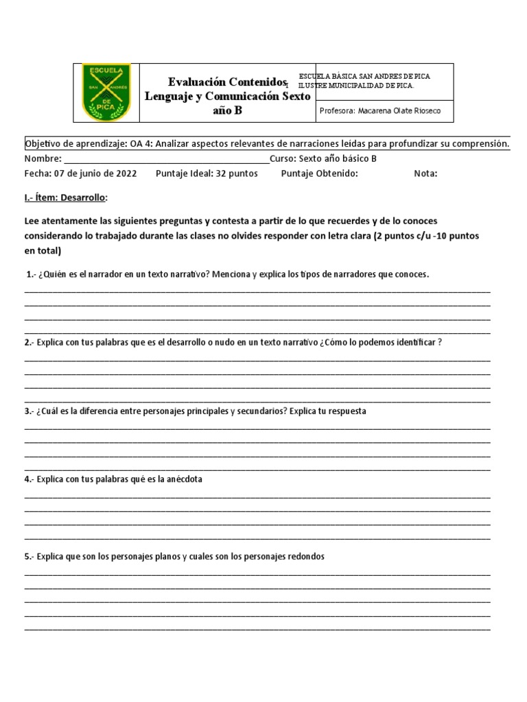 Evaluación Contenidos Lenguaje y Comunicación Sexto Año B | PDF | Narración