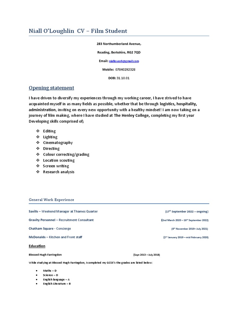 niall oloughlin cv - film | PDF
