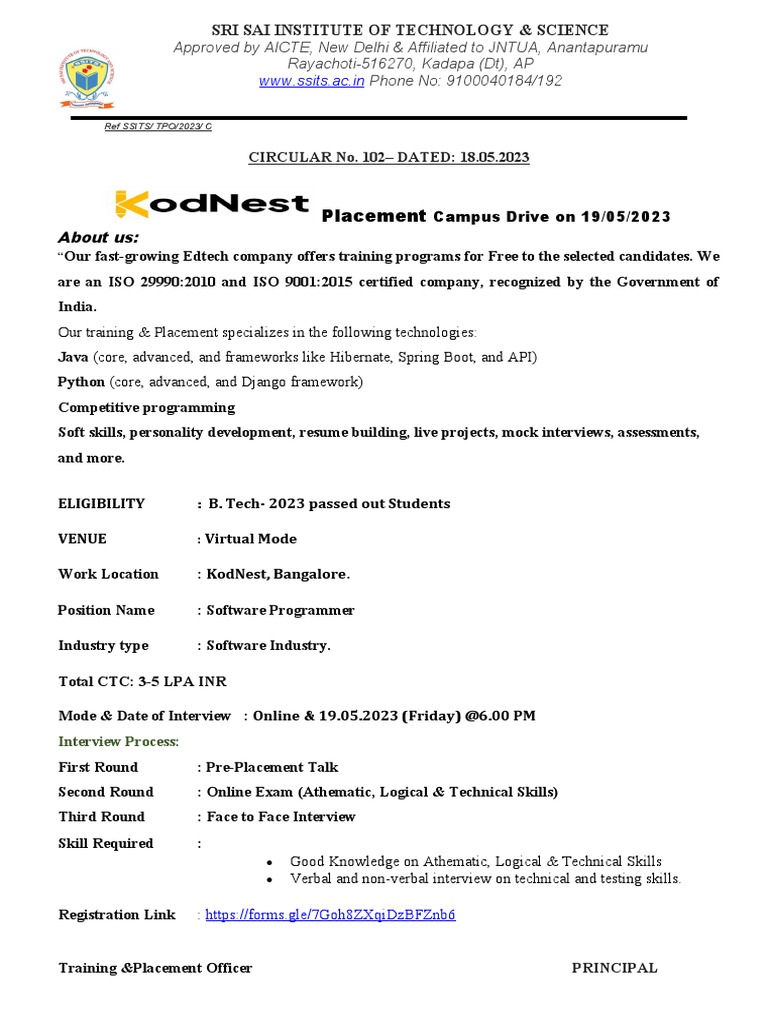 KodNest Placements Circular On 19-05-2023 | PDF