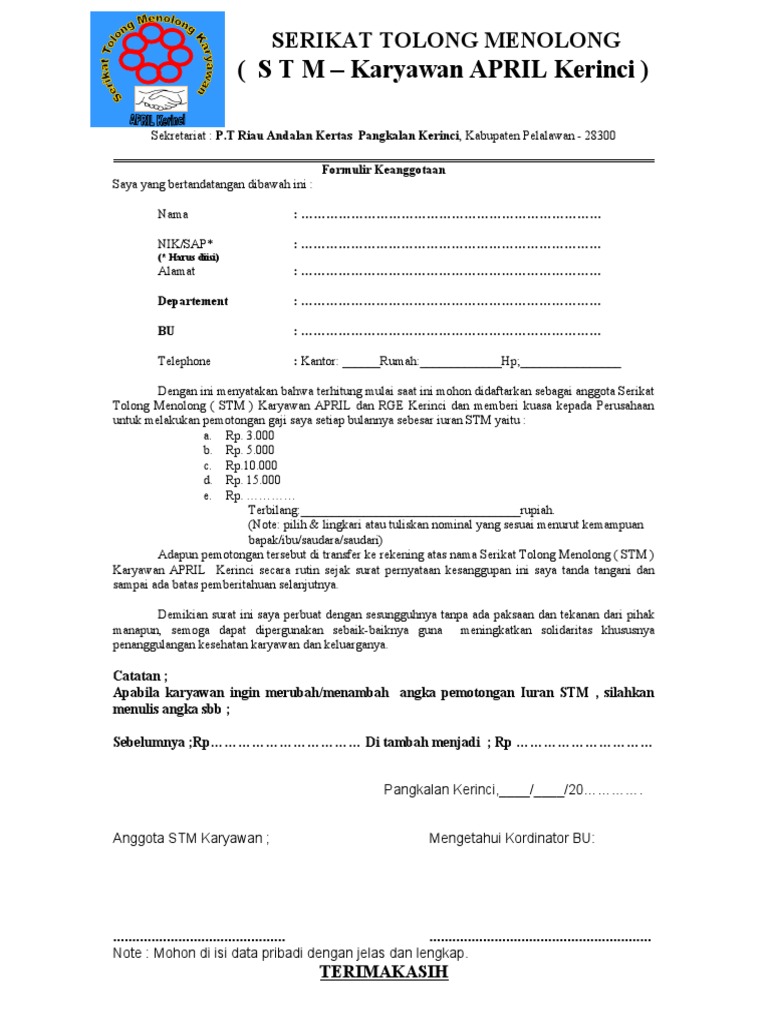 Form Pendaftaran Anggota STM - Karyawan APRIL Kerinci | PDF | Pengelolaan Keuangan & Uang