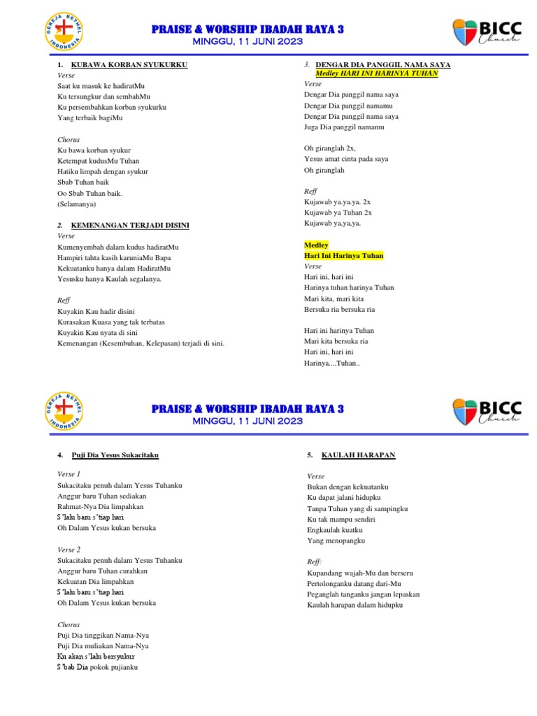 Lagu Ibadah Raya 3, Minggu 11 Juni 2023 | PDF