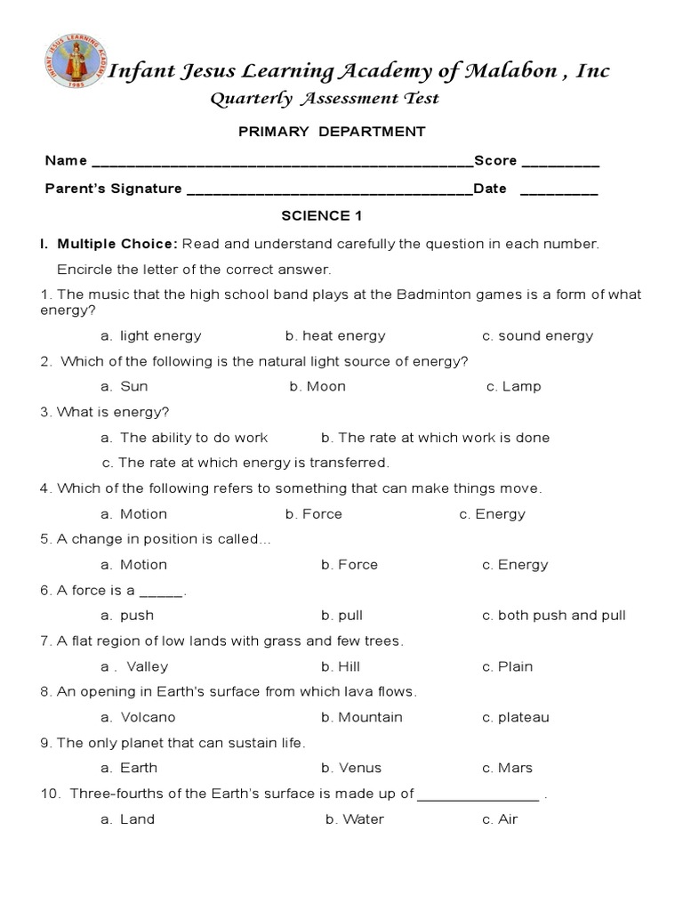Grade 1 Science Quarterly Exam | PDF | Earth | Water
