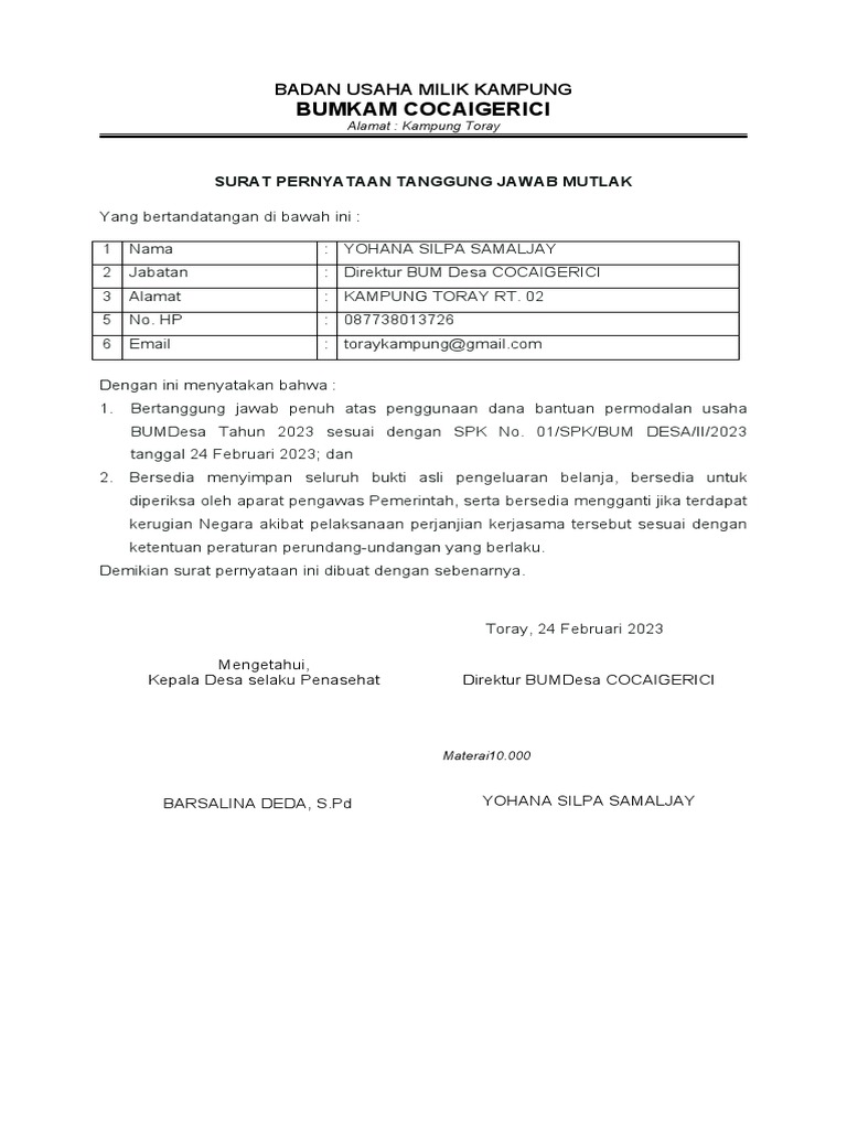 Format 4 SPTJM Ketua Bumdes | PDF