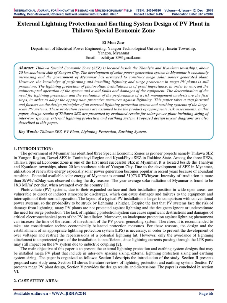 External Lightning Protection and Earthing System Design of PV Plant in Thilawa Special Economic ...