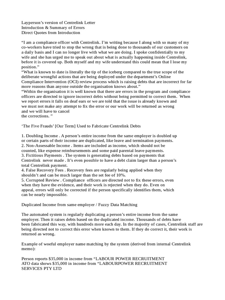 Centrelink Whistleblower Letter | PDF | Debt | Employment