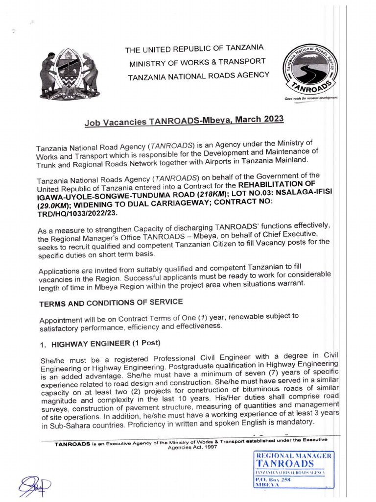 Job Vacancies Tanroads Mbeya 2023 1 | PDF