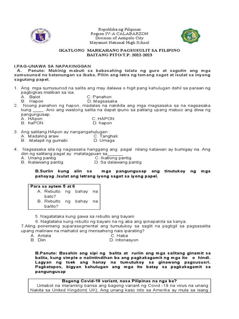 Third Quarter Exam SY. 2022 20223 A | PDF