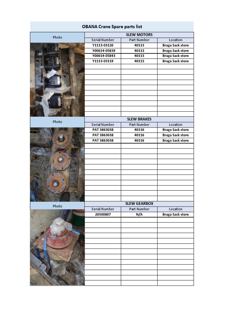 Spare Parts List Cranes | PDF