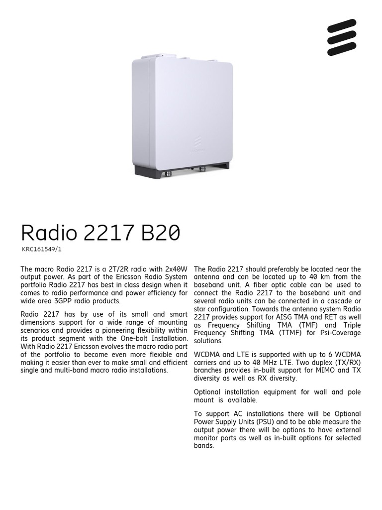 RRU 2217 Productdatasheet | PDF | Radio | Lte (Telecommunication)