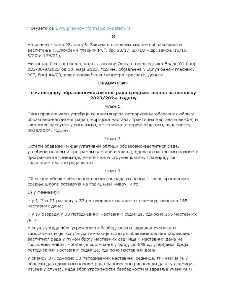 ПРАВИЛНИК O календару образовно васпитног рада средњих школа за школску