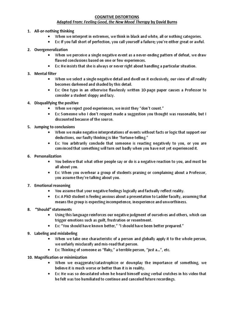 Cognitive Distortions Handout | PDF | Emotions | Psychology