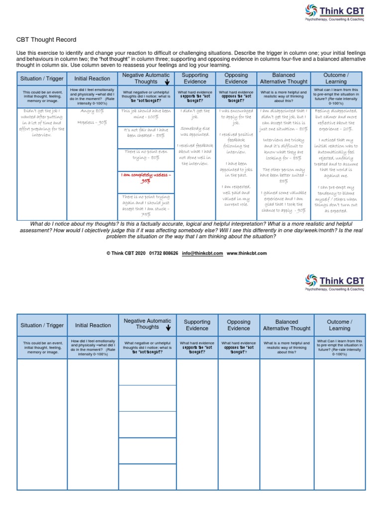 EXAMPLE-CBT-THOUGHT_RECORD-V-THINK-CBT-01072020 | PDF | Thought | Feeling