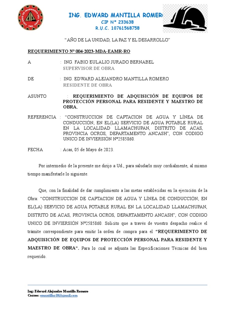 Requerimiento de Adq. de Epps para Residente Eamr-004 | PDF