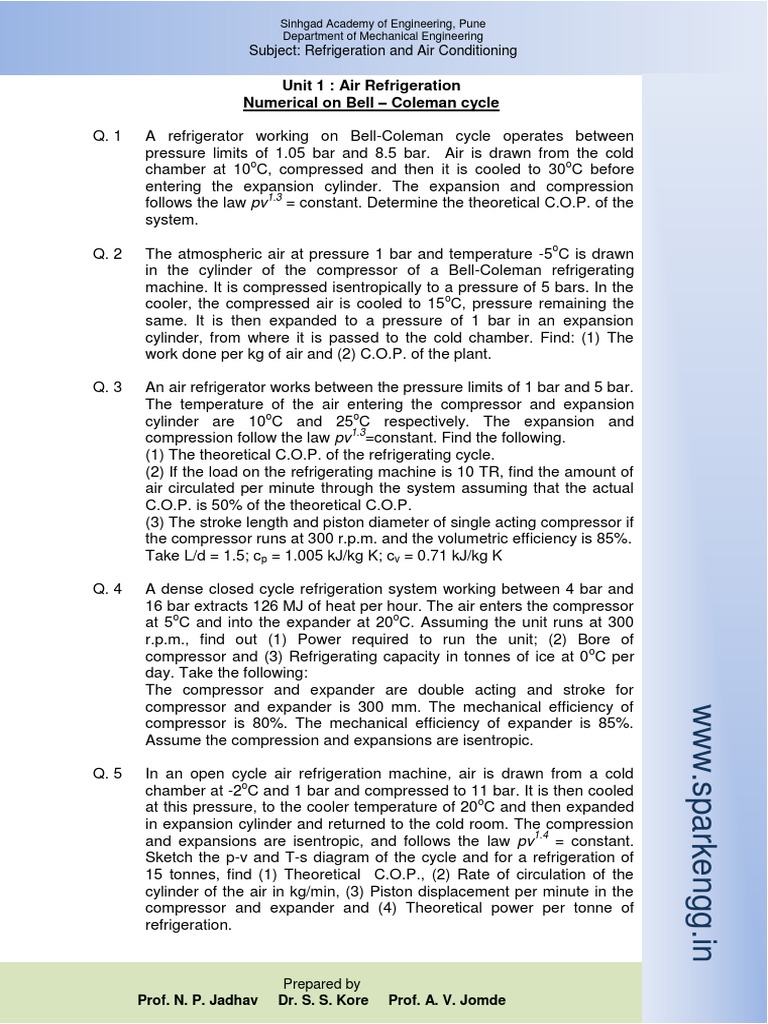 RAC Numerical Question Bank Unit 1 New | PDF | Refrigeration | Sustainable Technologies