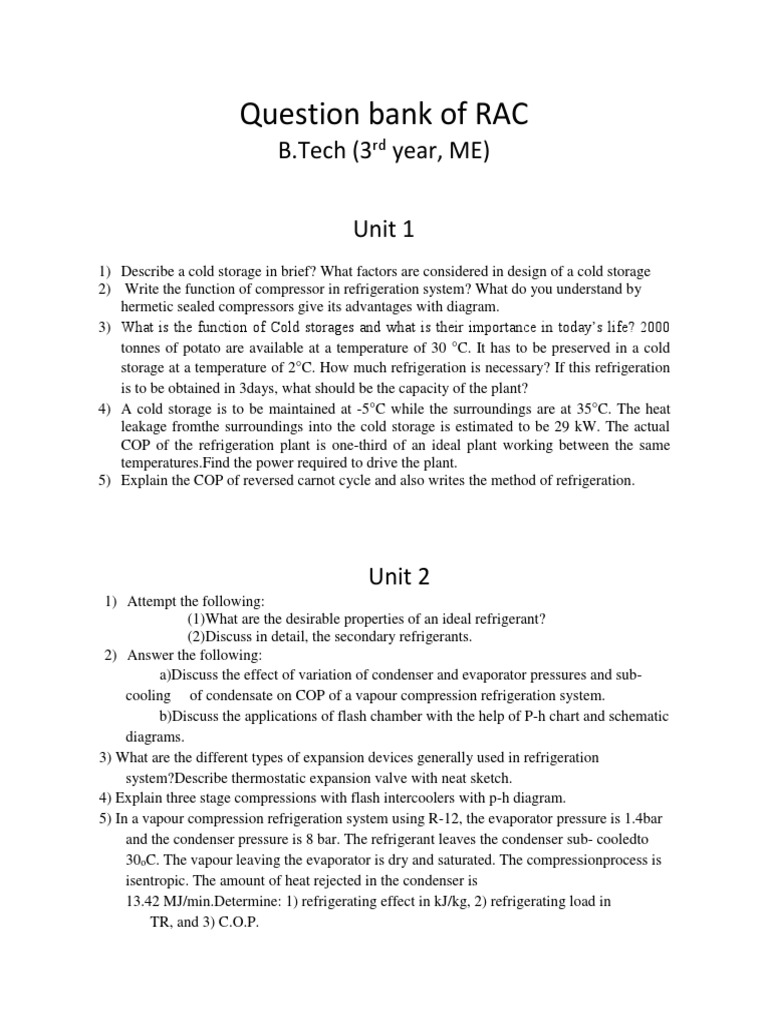 RAC Question Bank Btech 3rd Year Mechanical 2 | PDF | Refrigeration | Humidity