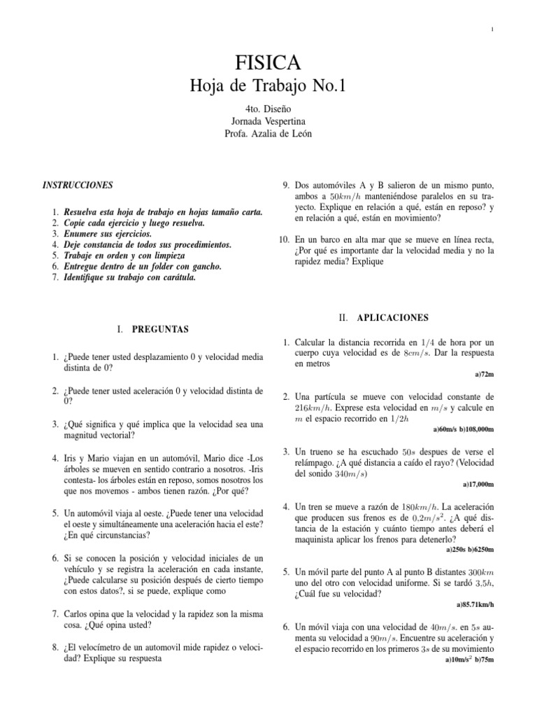 Fisica: Hoja de Trabajo No.1 | PDF | Velocidad | Aceleración