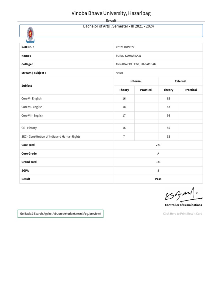 University Result Page | PDF