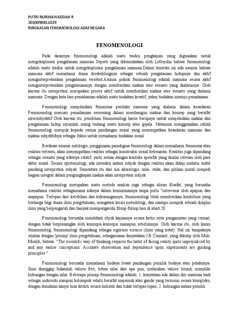 Tugas Fenomenologi Putri Nurmawaddah | PDF | Ilmu Sosial | Sains & Matematika
