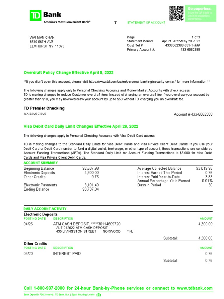 TD Bank Statement Summary 2022 | PDF | Debit Card | Transaction Account
