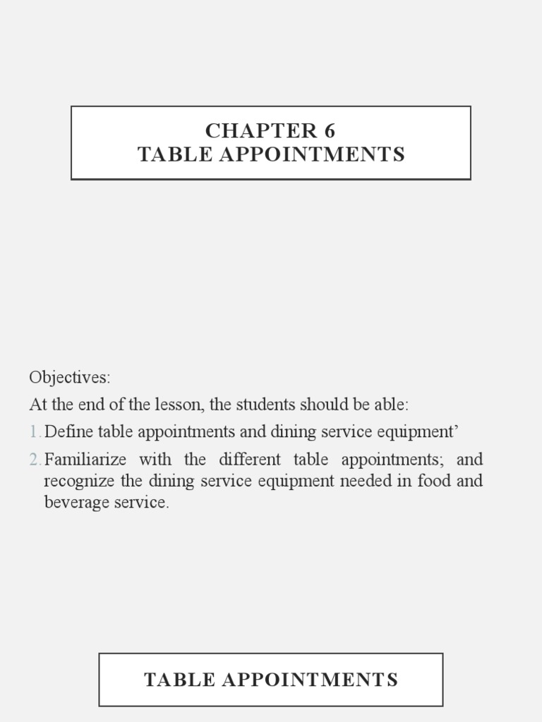 Chapter 8 Table Appointments | PDF | Tableware | Food And Drink Preparation