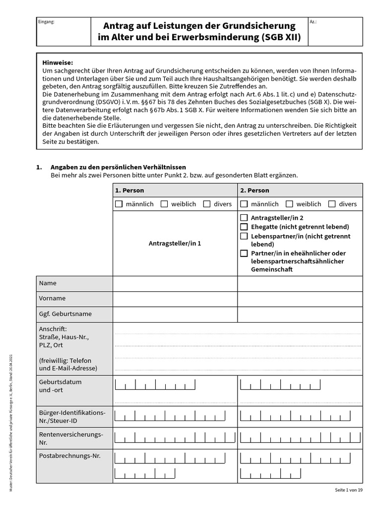 Vordruck Antrag Grundsicherung Im Alter Und Bei Erwerbsminderung Sgbxii | PDF