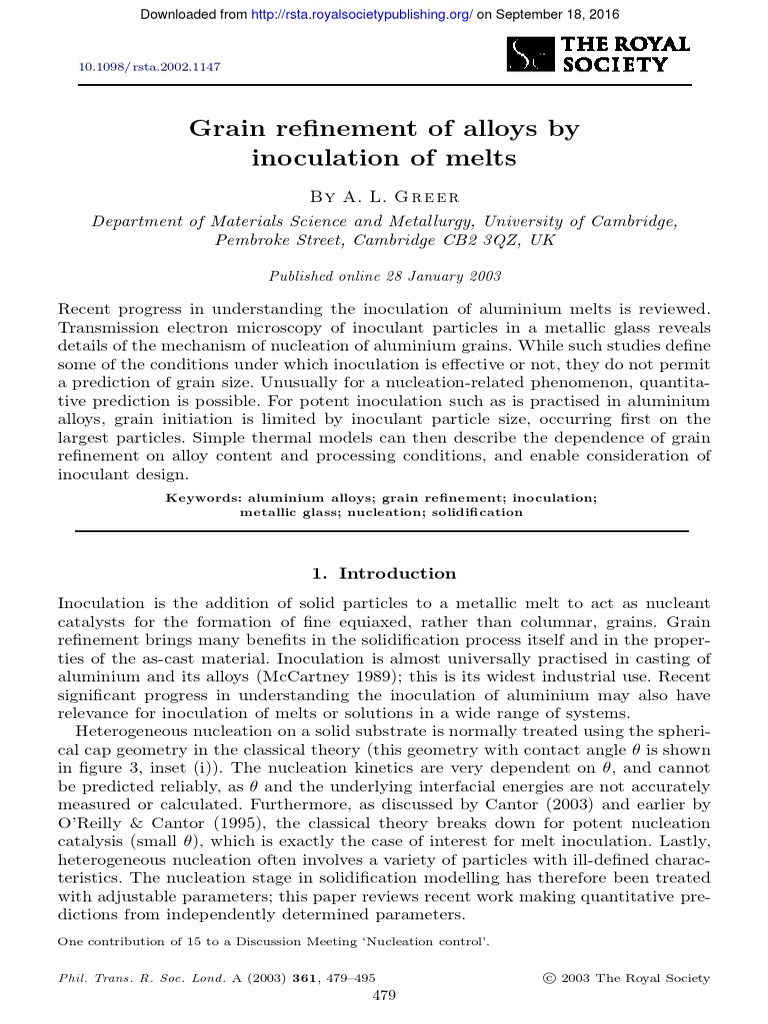 Modelling of Innoculation of Metallic Melts Application To Grain Refinement of Al by Al-Ti-B ...