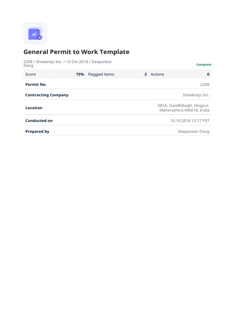 Permit To Work Template | PDF