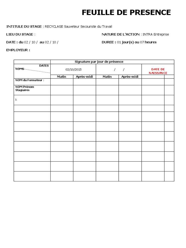 Feuilles de Presence 02-10 | PDF
