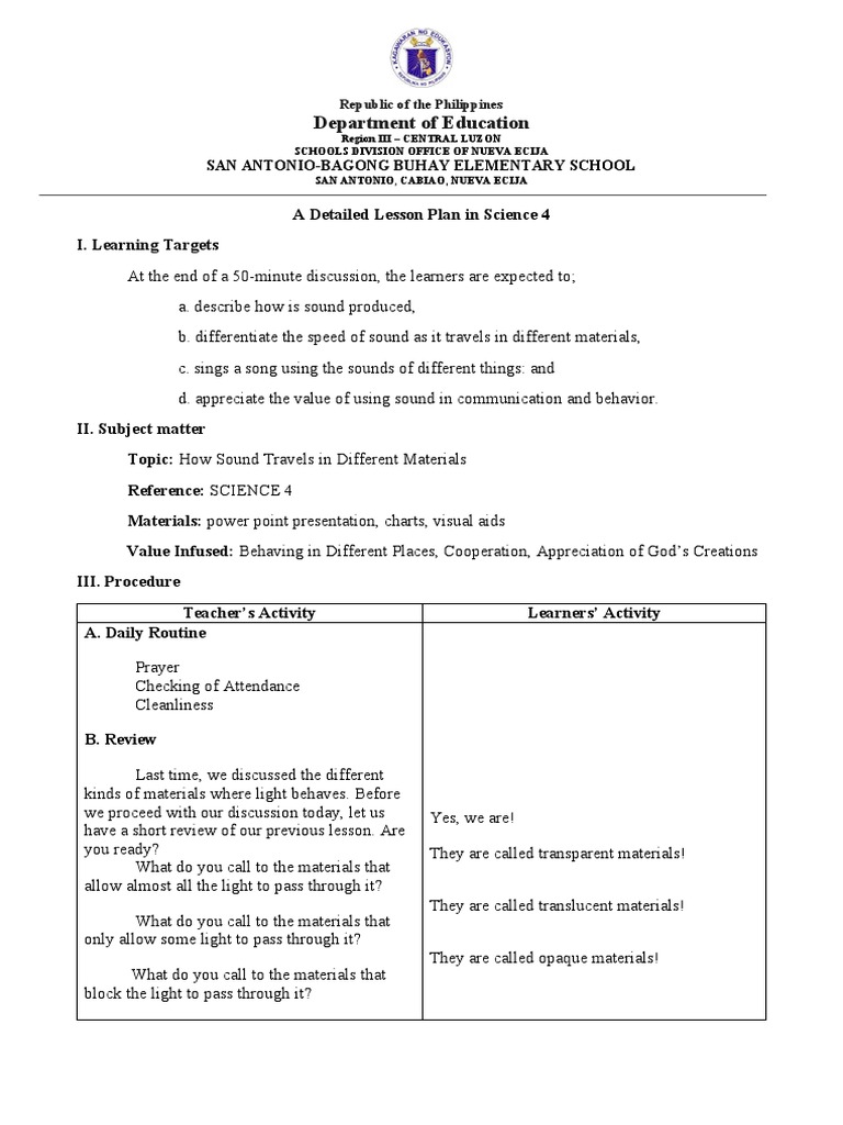 COT 2 - A Detailed Lesson Plan in Science 4 - SOUNDS | PDF | Sound | Waves