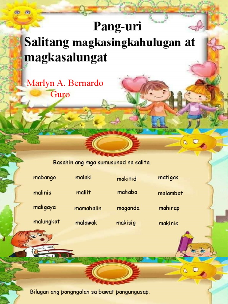 COT (Pang-Uri, Salitang Magkasingkahulugan at Magkasalungat - PPTX ...