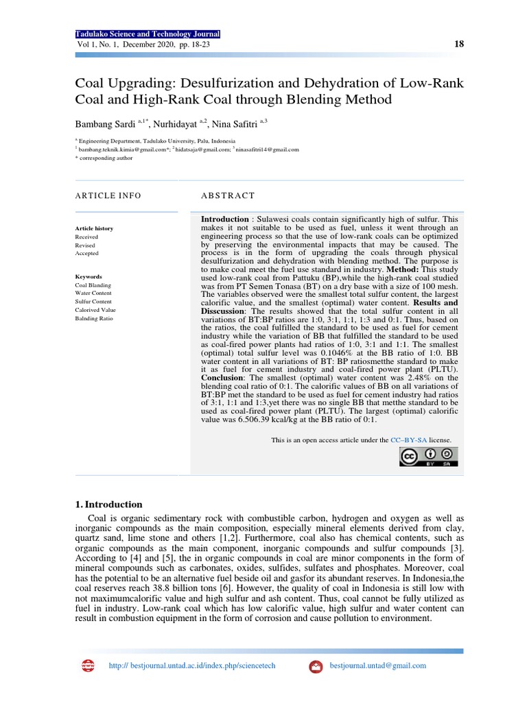 Coal Upgrading - Desulfurization and Dehydration of Low-Rank Coal and ...