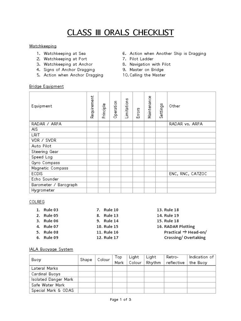 Class III Orals Checklist Guide | PDF | Ships | Water Transport