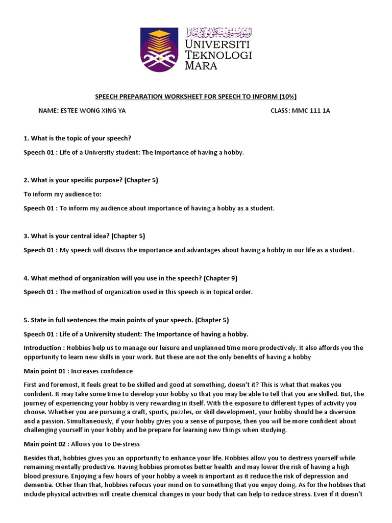 Speech Preparation Worksheet For Speech To Inform | PDF | Hobbies