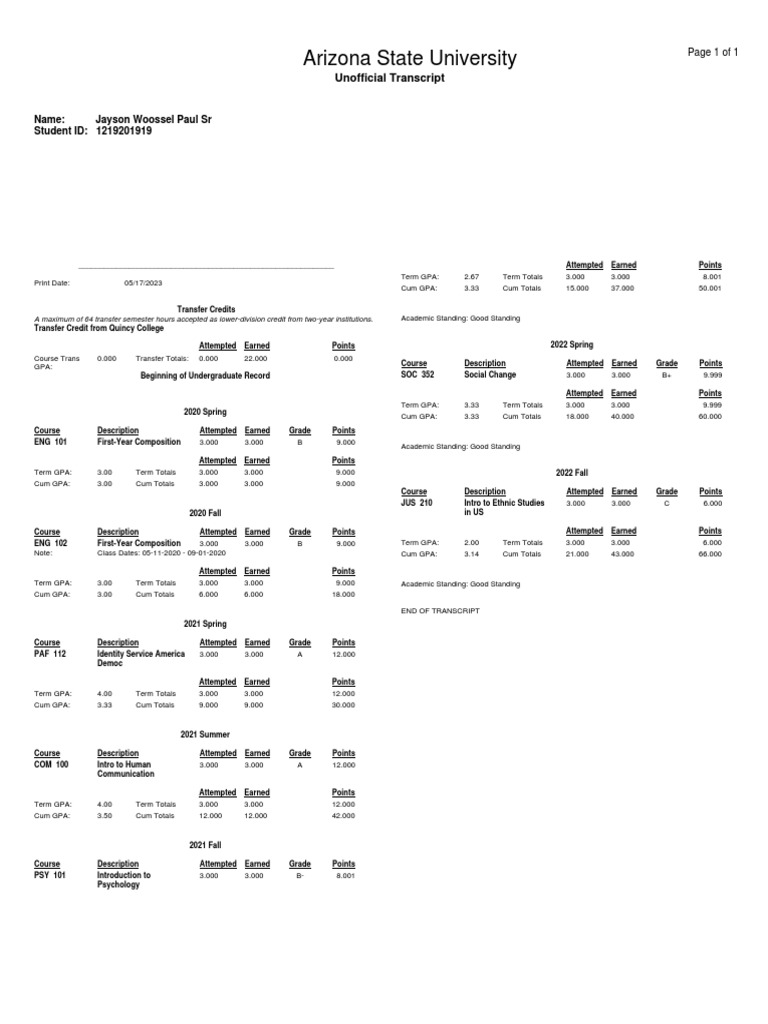 ASU Jayson Transcript | PDF | Course Credit | Evaluation