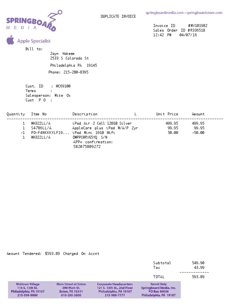 iPad Invoice #MV101982 | PDF