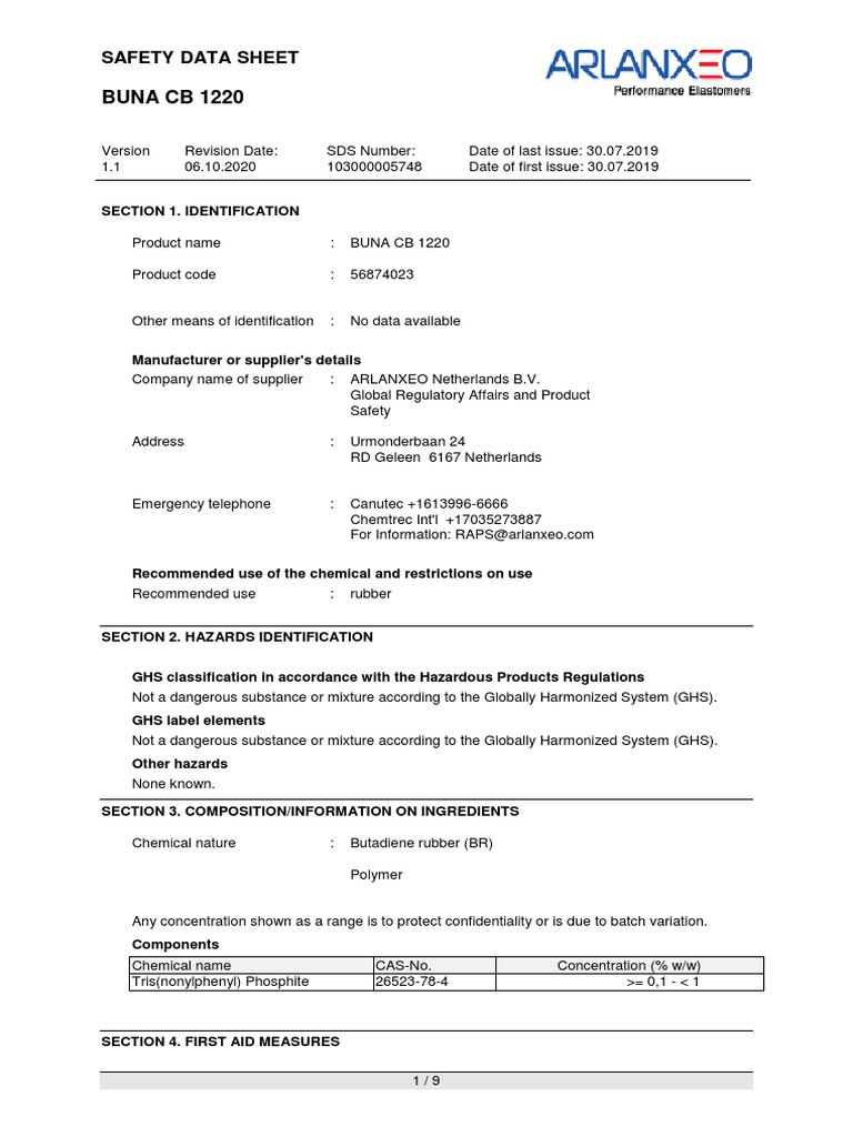 BUNA CB 1220 Safety Data Sheet | PDF | Chemistry | Working Conditions