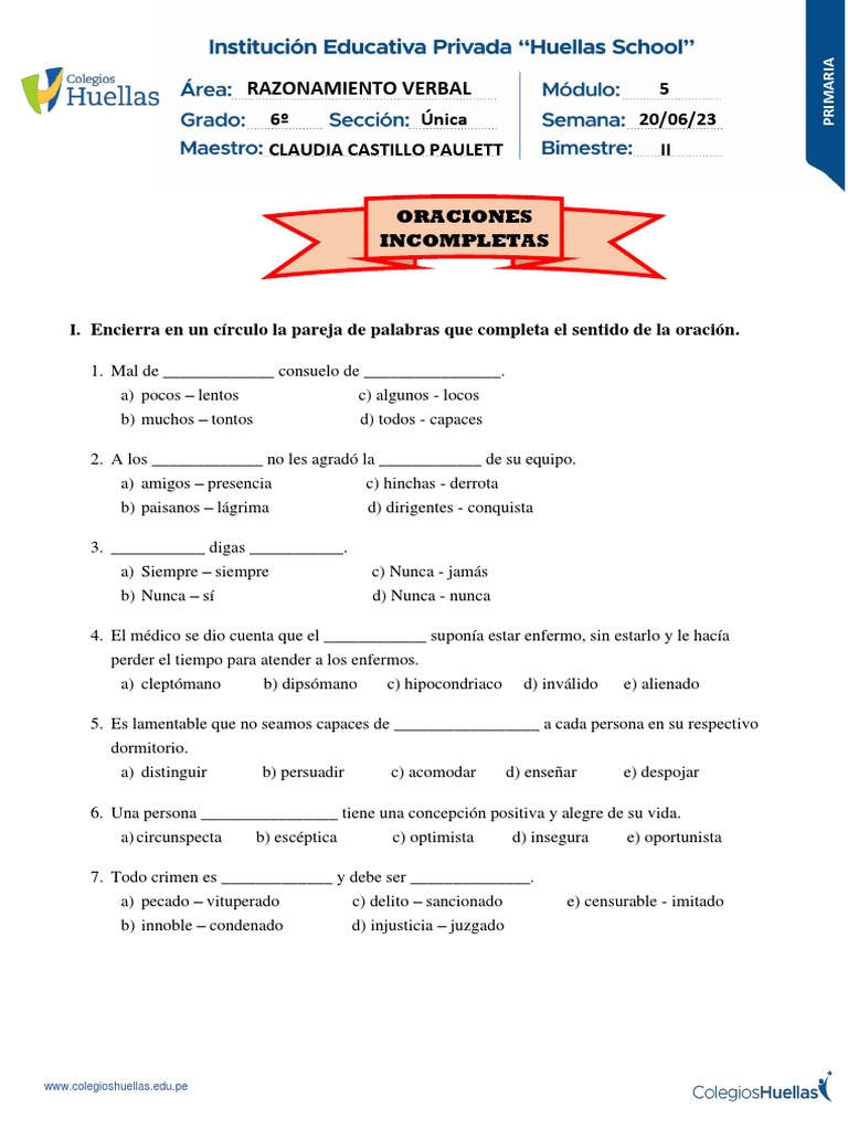 Tema 6 - Oraciones Incompletas | PDF