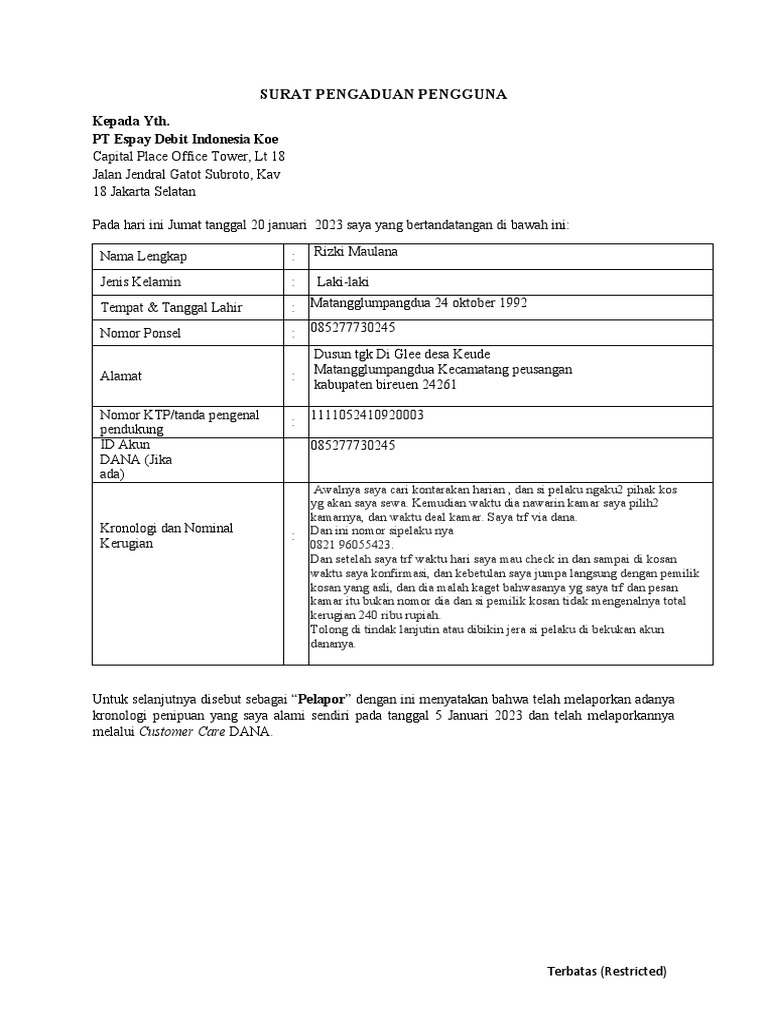 Surat Pengaduan Pengguna | PDF | Hukum