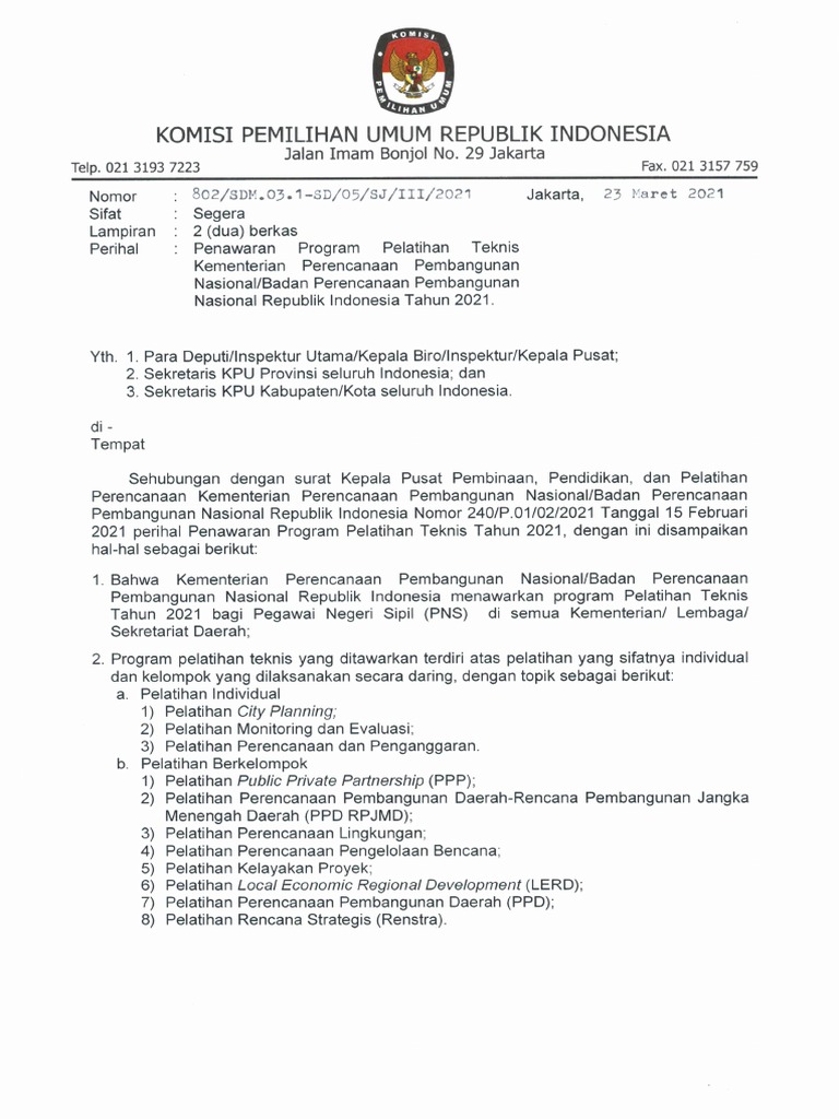 211 KPU RI 802 Penawaran Program Pelatihan Teknis Kementerian ...