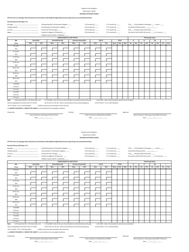 OPT+ Form 1A List of Preschoolers w/ Wt Ht Measurement | PDF | Health ...