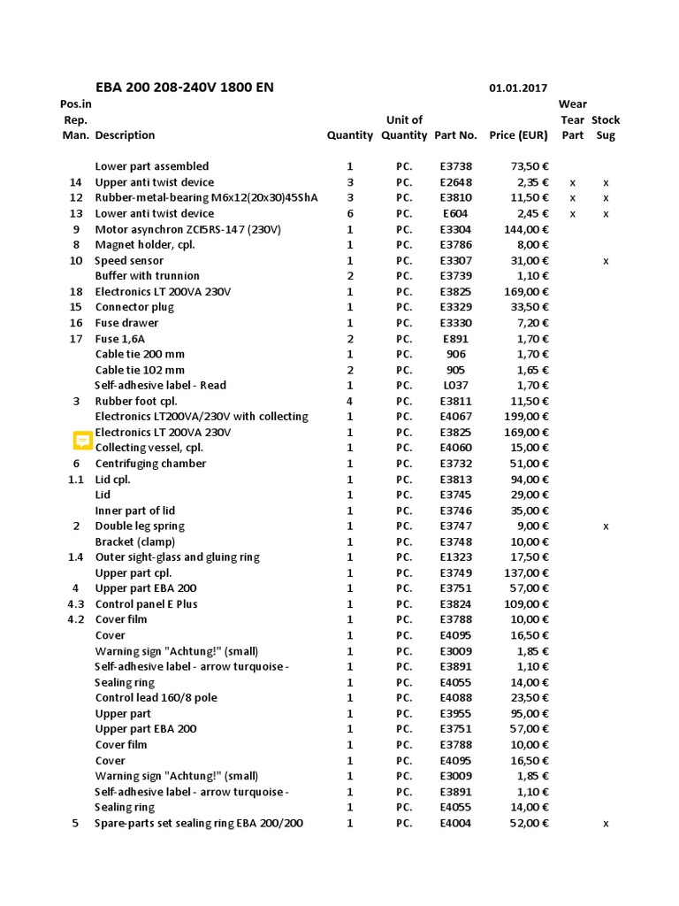 EBA 200 Centrifuge Parts List | PDF | Manufactured Goods | Equipment